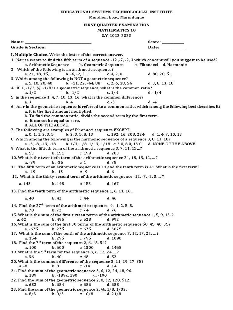 Mathematics Assessment: Analyzing an Arithmetic, Geometric, and ...
