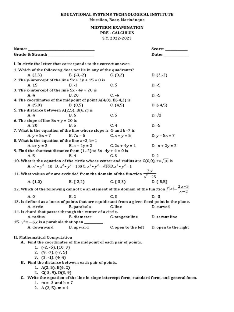 Midterm - Pre-Calculus | PDF | Circle | Mathematical Objects