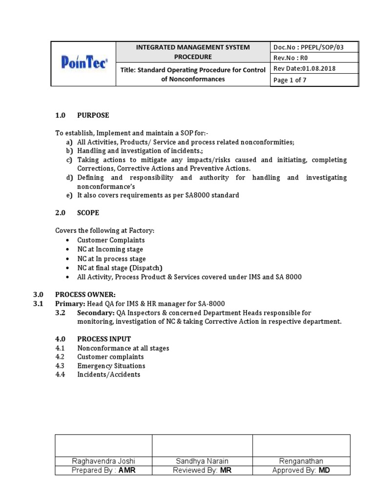 PPEPL-SOP-03 Procedure For Control of NC | PDF | Business Process | Business
