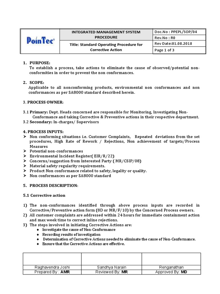PPEPL-SOP-04 Procedure For Corrective Action | PDF