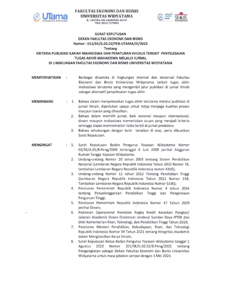 SK 011 Kriteria Publikasi Ilmiah Mahasiswa Dan Peraturan Khusus Terkait Penyelesaian Tugas Akhir ...