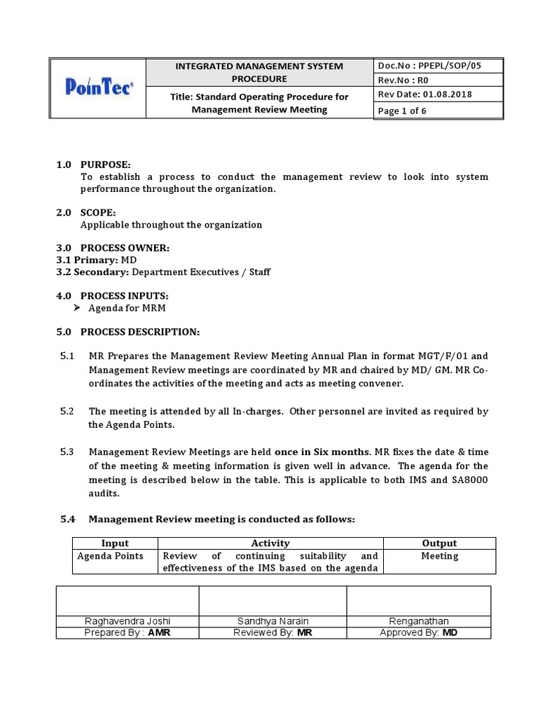 PPEPL-SOP-05 Procedure For Management Review | PDF | Audit | Business