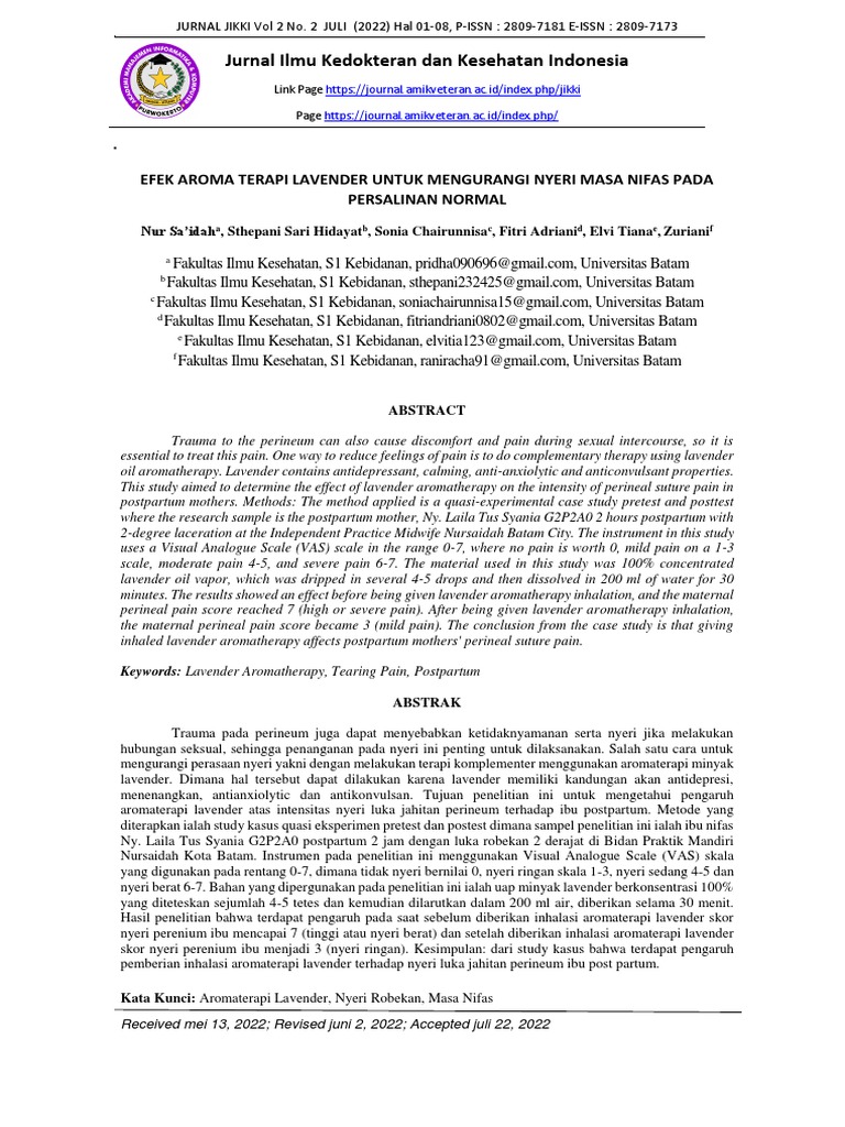 EFEK AROMA TERAPI LAVENDER UNTUK MENGURANGI NYERI MASA NIFAS PADA | PDF ...