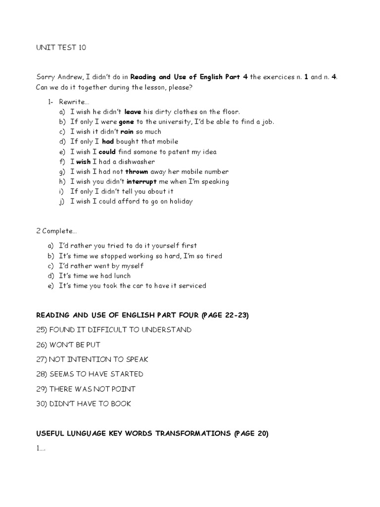 FCE Masterclass Unit 10 Review Test Student Answers (No Corrections ...