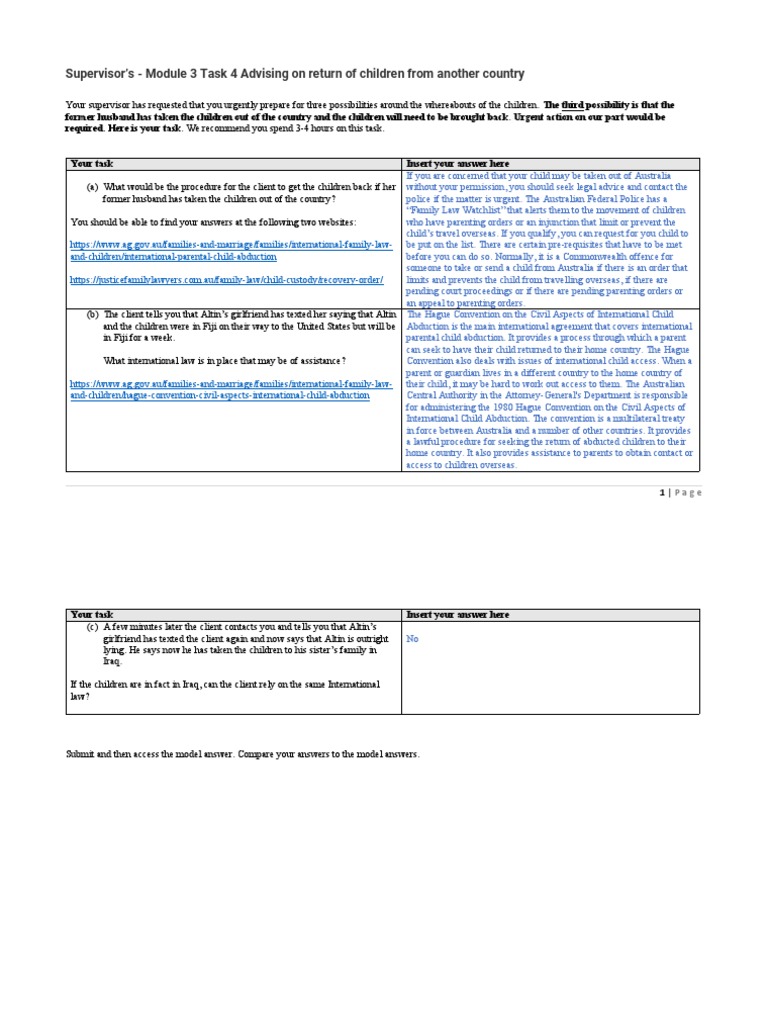 Supervisor's Template - Module 3 Task 4 Advising On Return of Children From Another Country ...