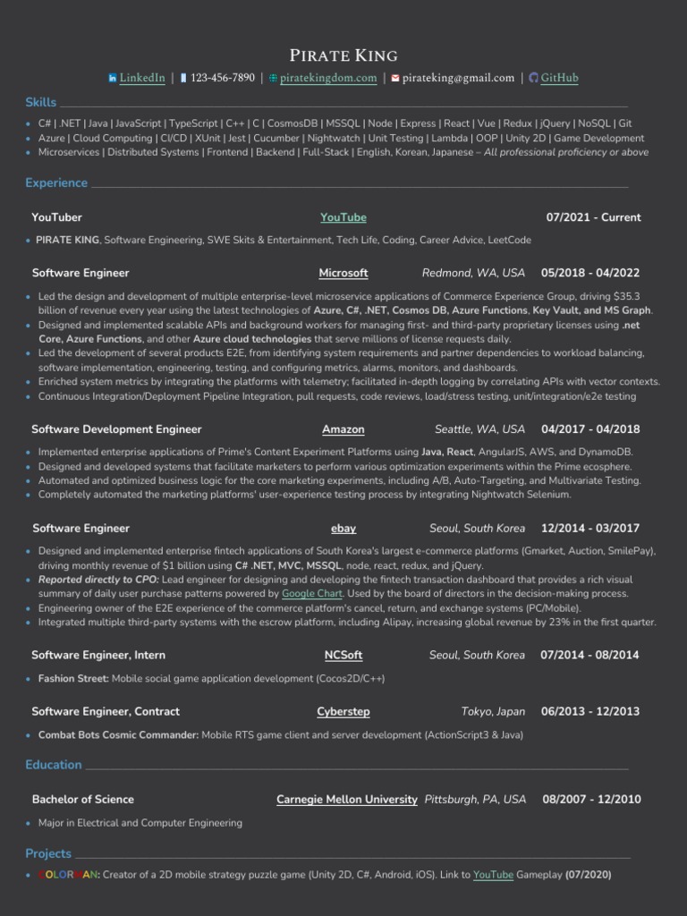 PIRATE KING Resume - Dark | PDF | Microsoft Azure | Software