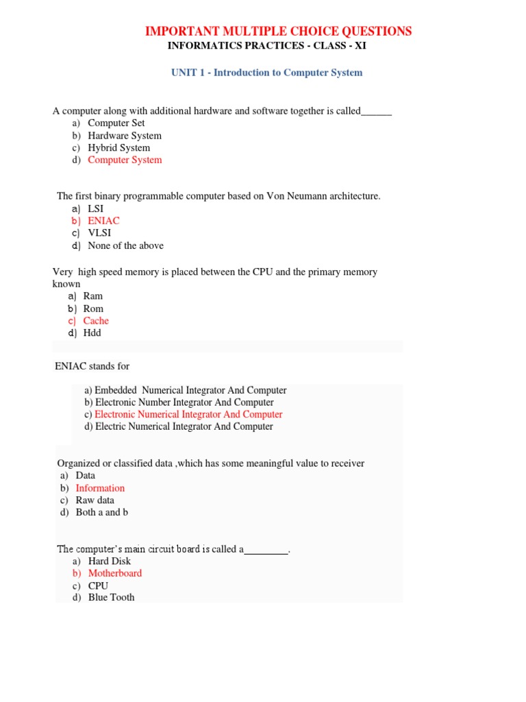 Important Multiple Choice Questions: Computer System | Download Free PDF | Computer Data Storage ...