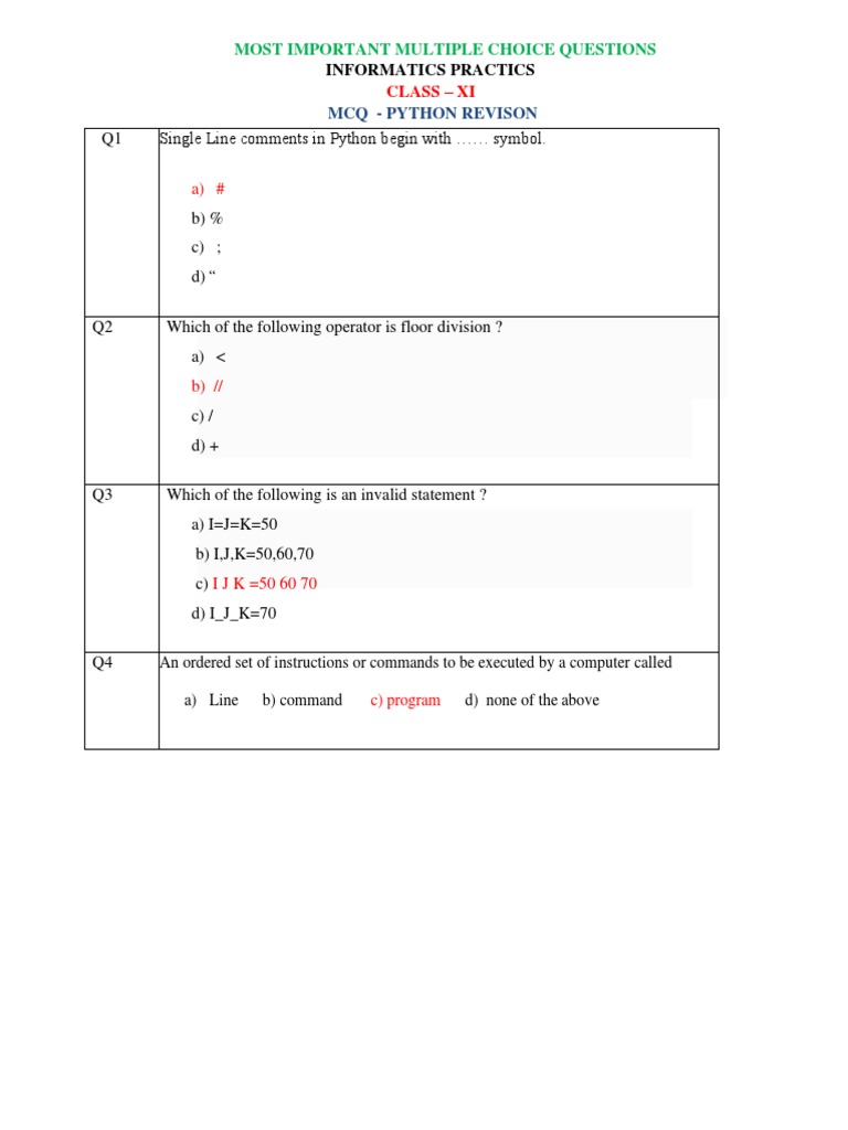 Q1 Single Line Comments in Python Begin With Symbol.: Most Important Multiple Choice Questions ...