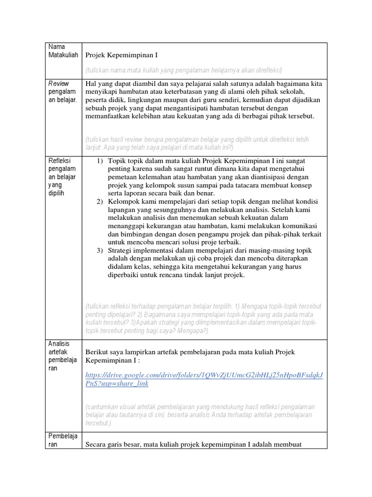 Jurnal Refleksi (Projek Kepemimpinan I) | PDF