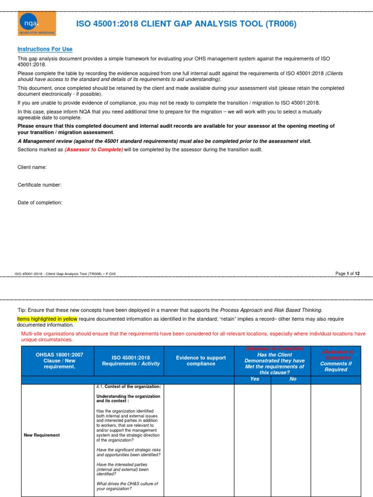 Iso 45001:2018 Client Gap Analysis Tool (Tr006) : Instructions For Use ...