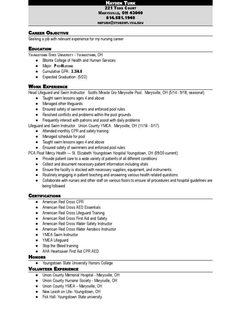 Resume Hayden Turk 2 | PDF | American Red Cross | Swimming