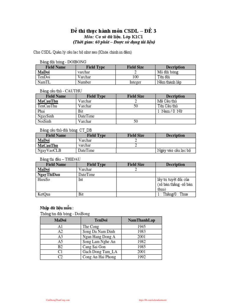 Co-So-Du-Lieu - De-Thi-Thuc-Hanh-Mon-Csdl - Lopk1c1 - De-Csdl-3 - (Cuuduongthancong - Com) | PDF