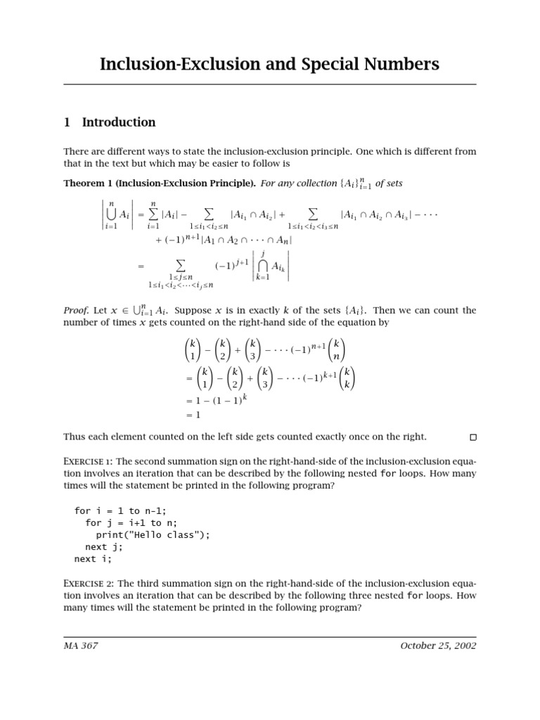 Inclusion-Exclusion and Special Numbers: Theorem 1 (Inclusion-Exclusion Principle) - For Any ...