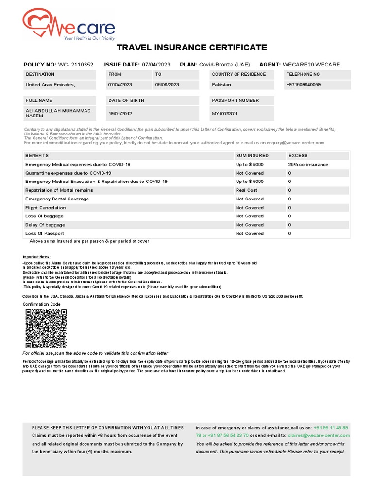 Travel Insurance Certificate | PDF | Deductible