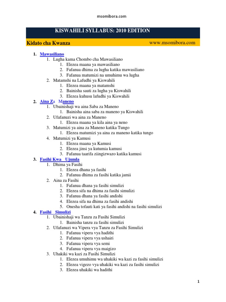 Kiswahili Syllabus | PDF