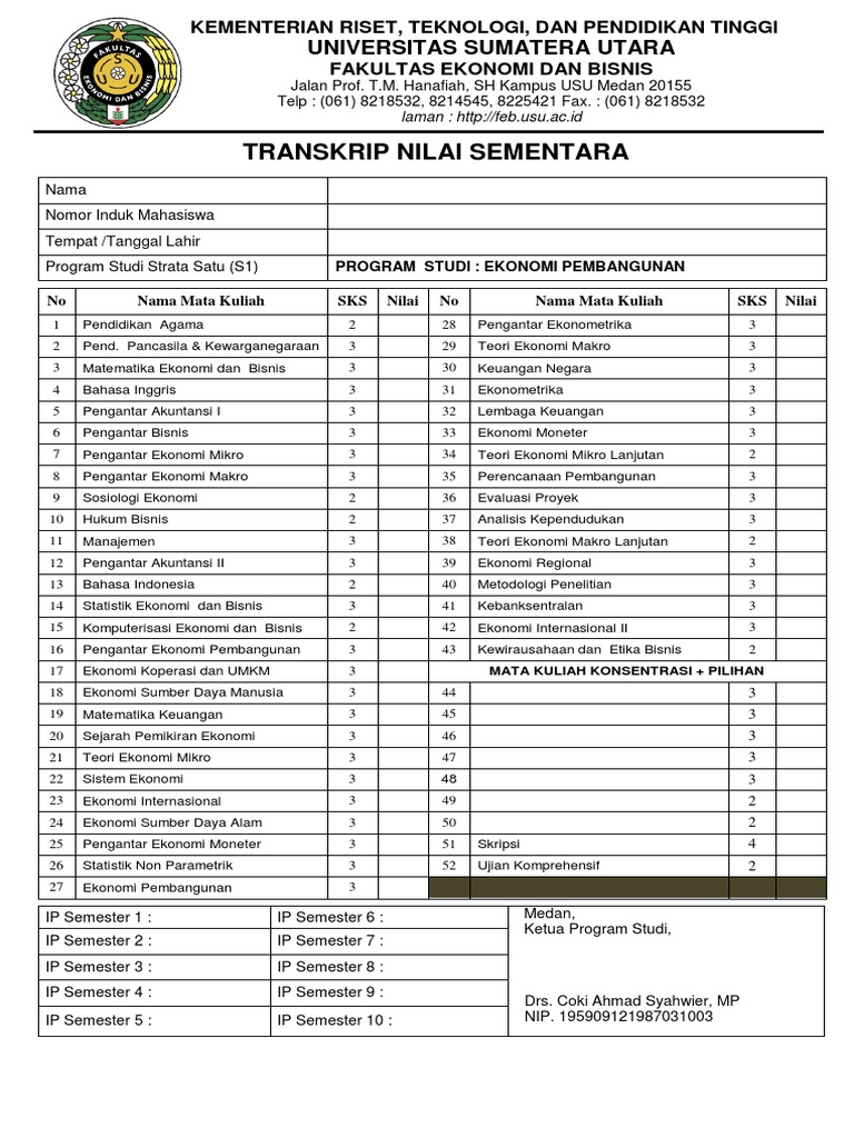 Form Kosong Transkrip Sementara | PDF