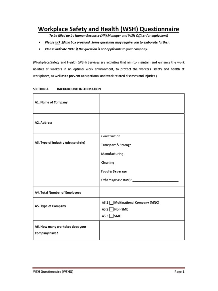 Workplace Safety and Health (WSH) Questionnaire | PDF | Occupational ...