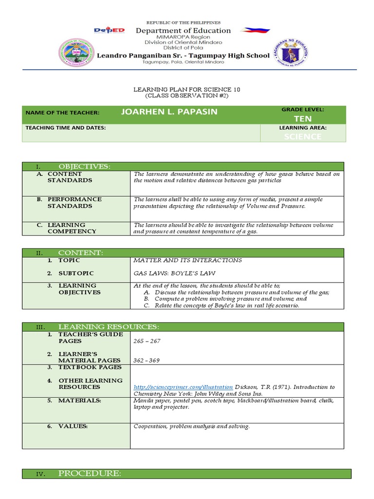 Learning Plan in Science 10 | PDF | Gases | Learning