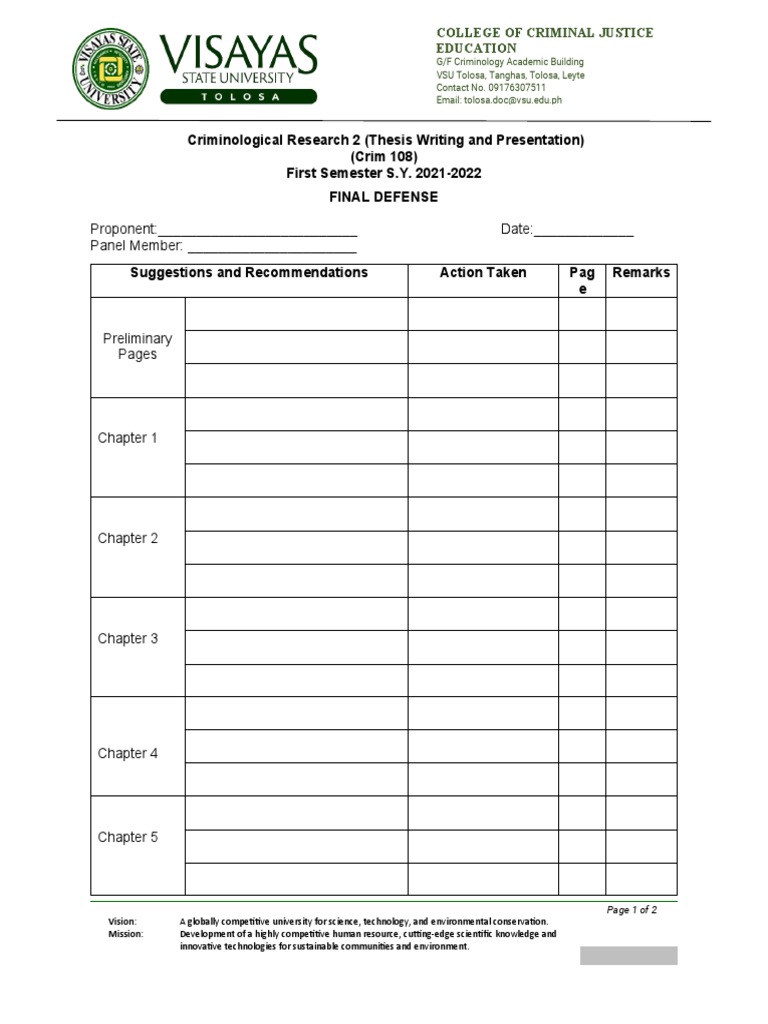 Criminological Research 2 (Thesis Writing and Presentation) (Crim 108) First Semester S.Y. 2021 ...