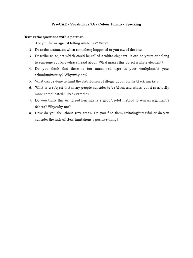 Pre-CAE - Vocabulary 7A - Colour Idioms - Speaking | PDF