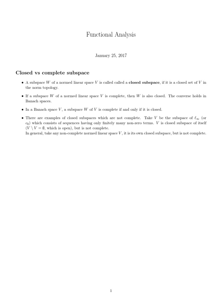 Functional Analysis: Closed Vs Complete Subspace | PDF