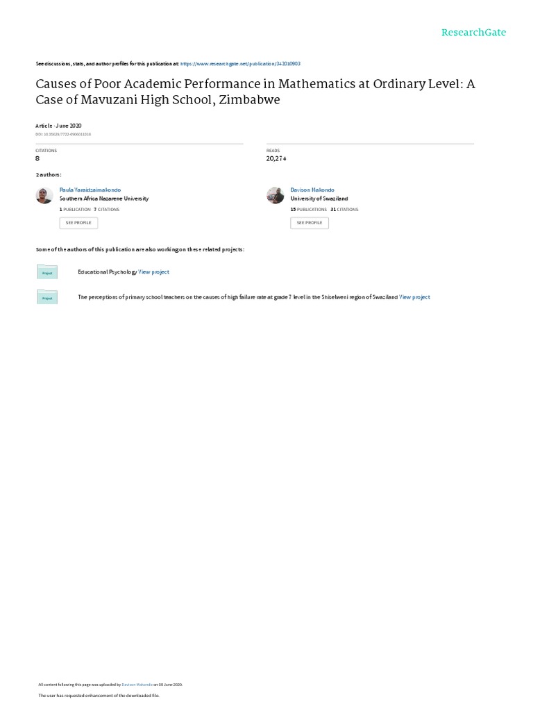 Causes of Poor Academic Performance in Mathematics at Ordinary Level: A ...