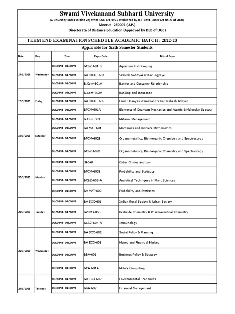 Main Examination 6TH Semester Date Sheet of Academic Batch-2022-23 | Download Free PDF ...
