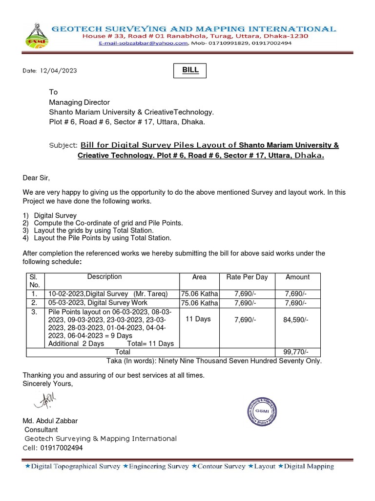 Bill of Digital Survey and Piles Layout | PDF