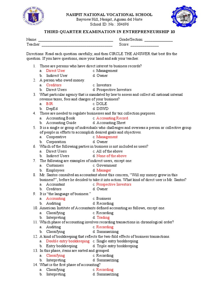 TQ Third Quarter Examination ENTREP 10 | PDF | Business | Bookkeeping