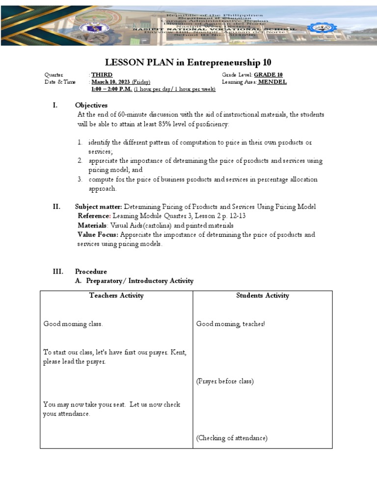 Detailed Lesson Plan in Teaching Entrepreneurship 10 mENDEL | PDF ...