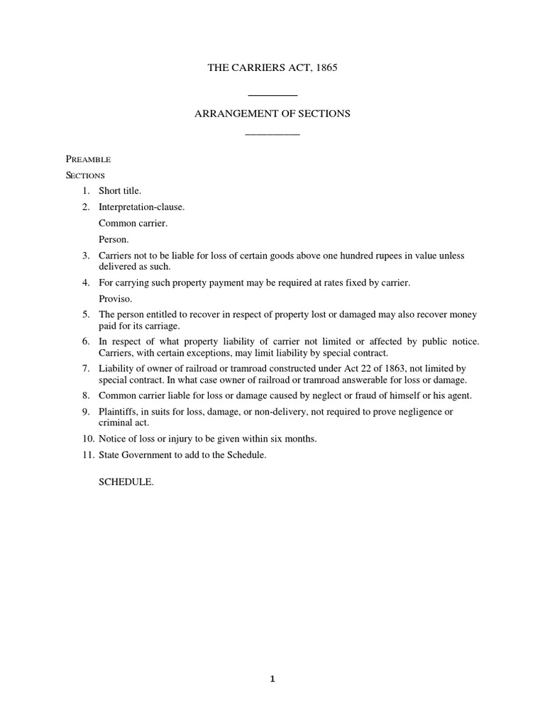 The Carriers Act, 1865 - Arrangement of Sections | Download Free PDF | Legal Liability | Common ...