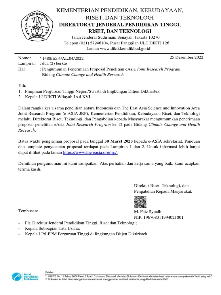 PENGUMUMAN PENERIMAAN PROPOSAL PENELITIAN EASIA JOINT RESEARCH PROGRAM BIDANG CLIMATE CHANGE AND ...