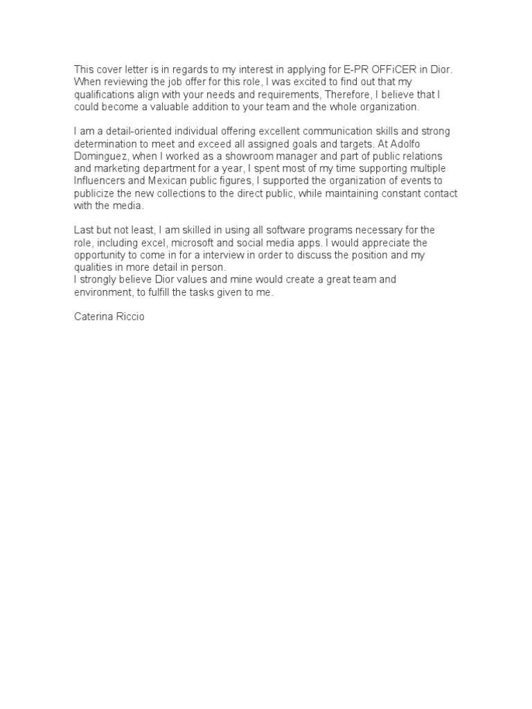 Dior E-PR Officer Application | PDF