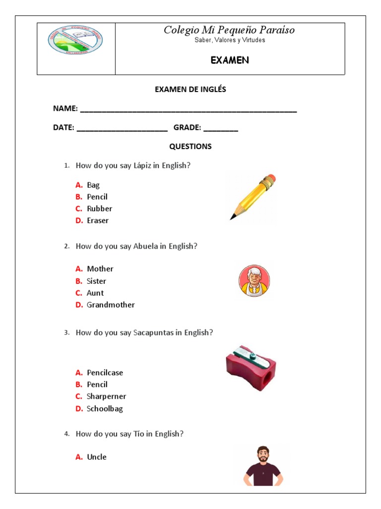 EXAMENES PRIMER PERIODO. Inglés | PDF