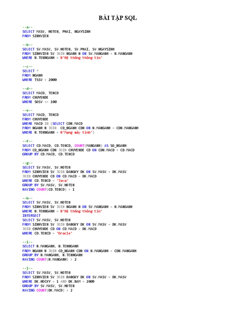 BÀI TẬP SQL | PDF