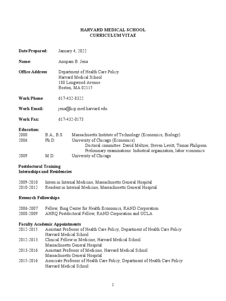 Harvard CV 3-2022 | PDF | Medicine | National Institutes Of Health