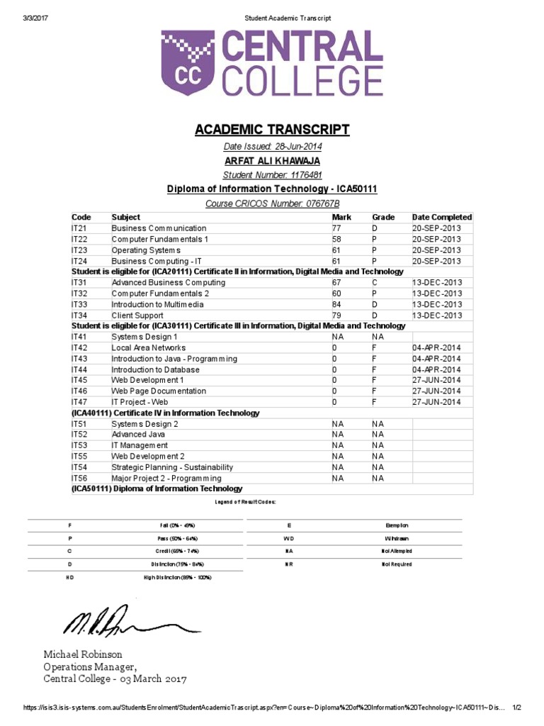 Student Academic Transcript 1176481 | PDF | Computing | Information ...