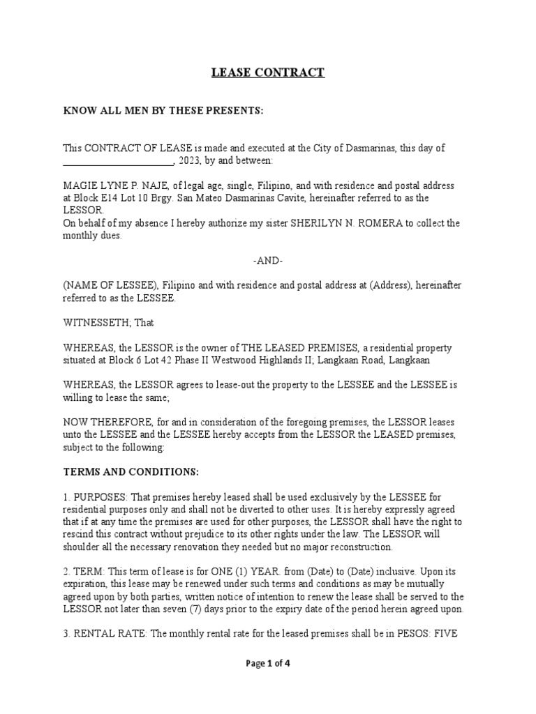 Lease Contract: Know All Men by These Presents | PDF | Lease | Law Of ...