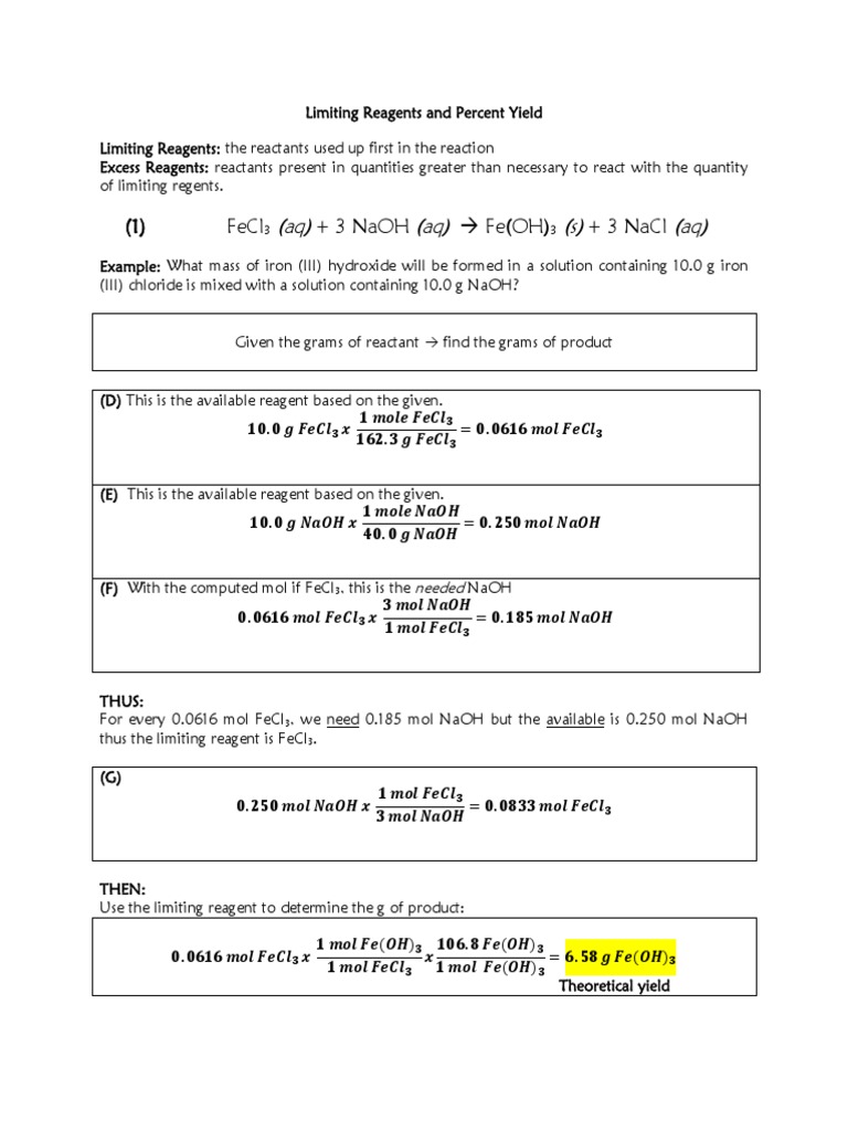Limiting Reagents and Percent Yield | PDF