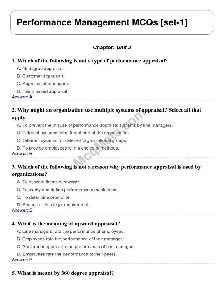 Performance Management (Chapter - Unit 2) Solved MCQs (Set-1) | PDF | Performance Appraisal ...