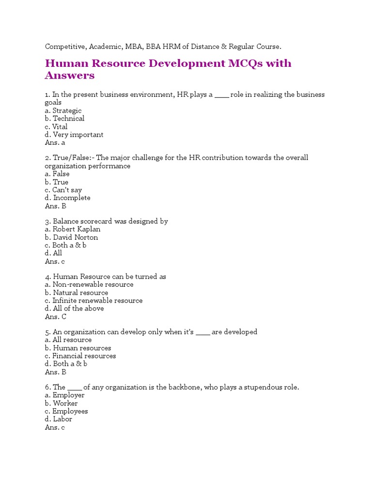 Human Resource Development MCQs With Answers | PDF | Human Resource Management | Employment
