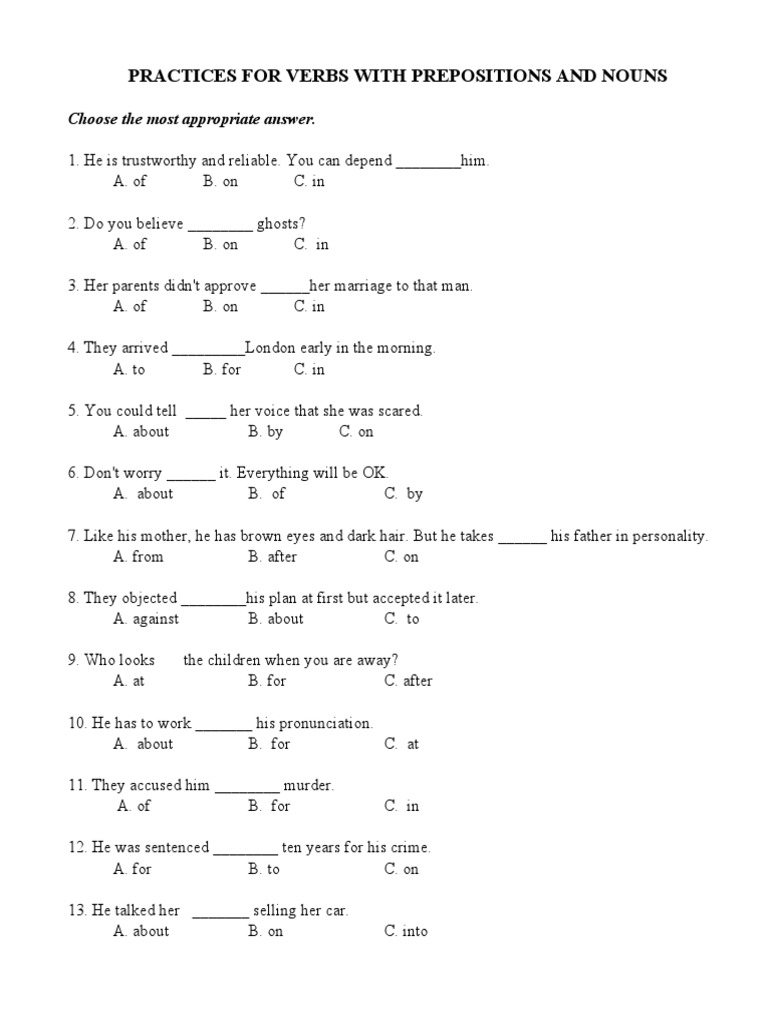 Verbs with Prepositions Practice Quiz | PDF | Human Communication ...