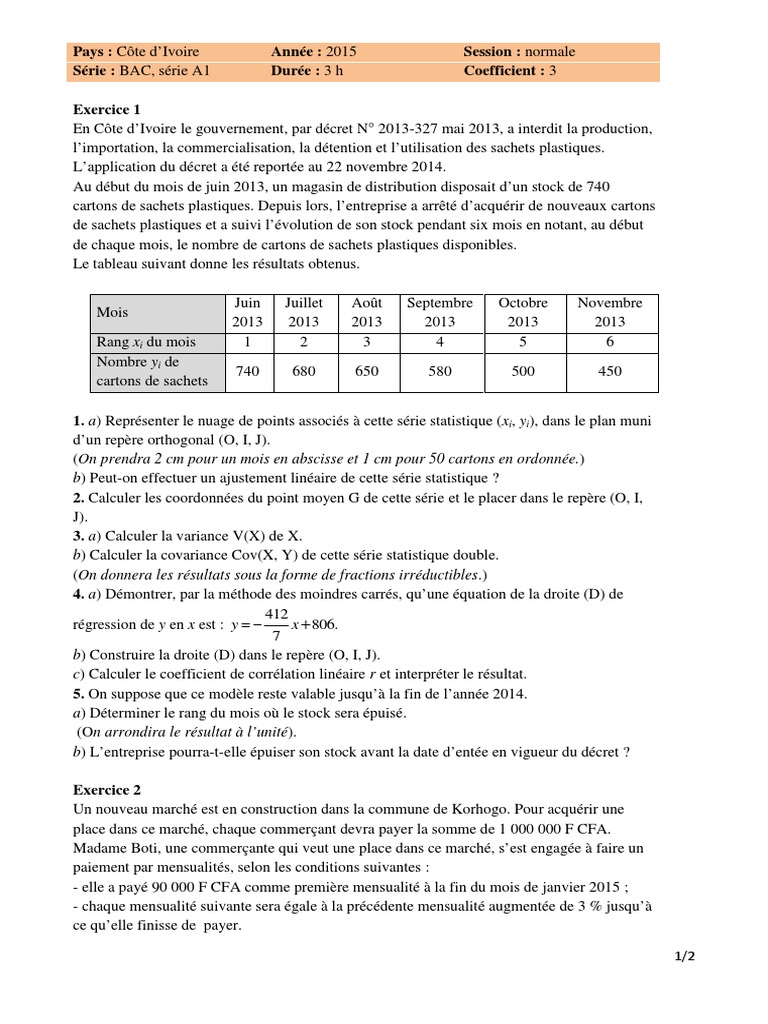 Bac A1 2015 CIV | PDF | Régression linéaire | Mathématiques