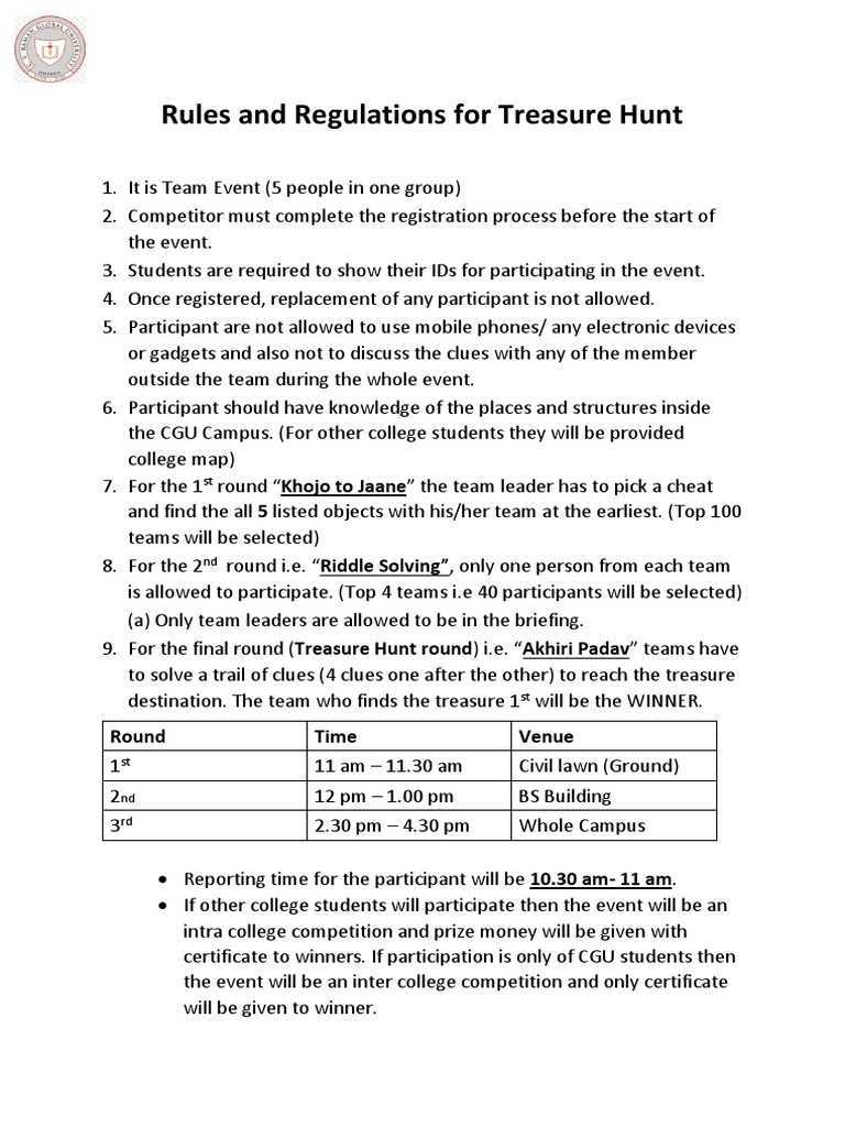 Rules and Regulations For Treasure Hunt: Round Time Venue | PDF