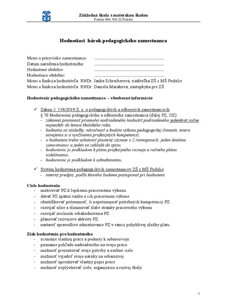 Hodnotiaci Harok PZ ZS | PDF