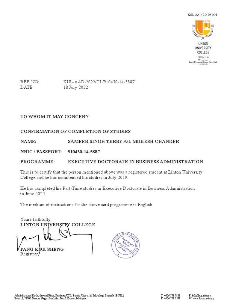Executive Doctorate Completion Confirmation | PDF