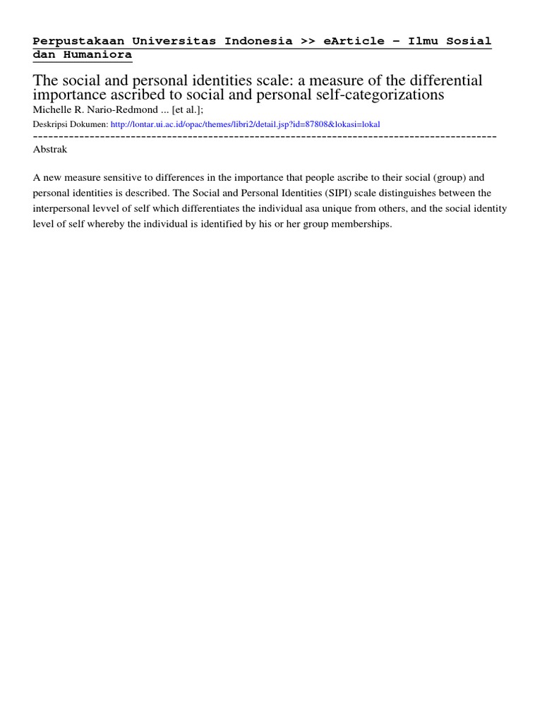 The Social and Personal Identities Scale: A Measure of The Differential ...