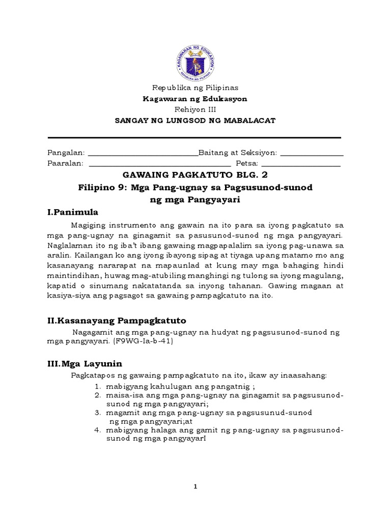 Filipino9 - Q1 - Wk2 - Nagagamit Ang Mga Pang Ugnay Na Hudyat NG Pagsusunod Sunod | PDF