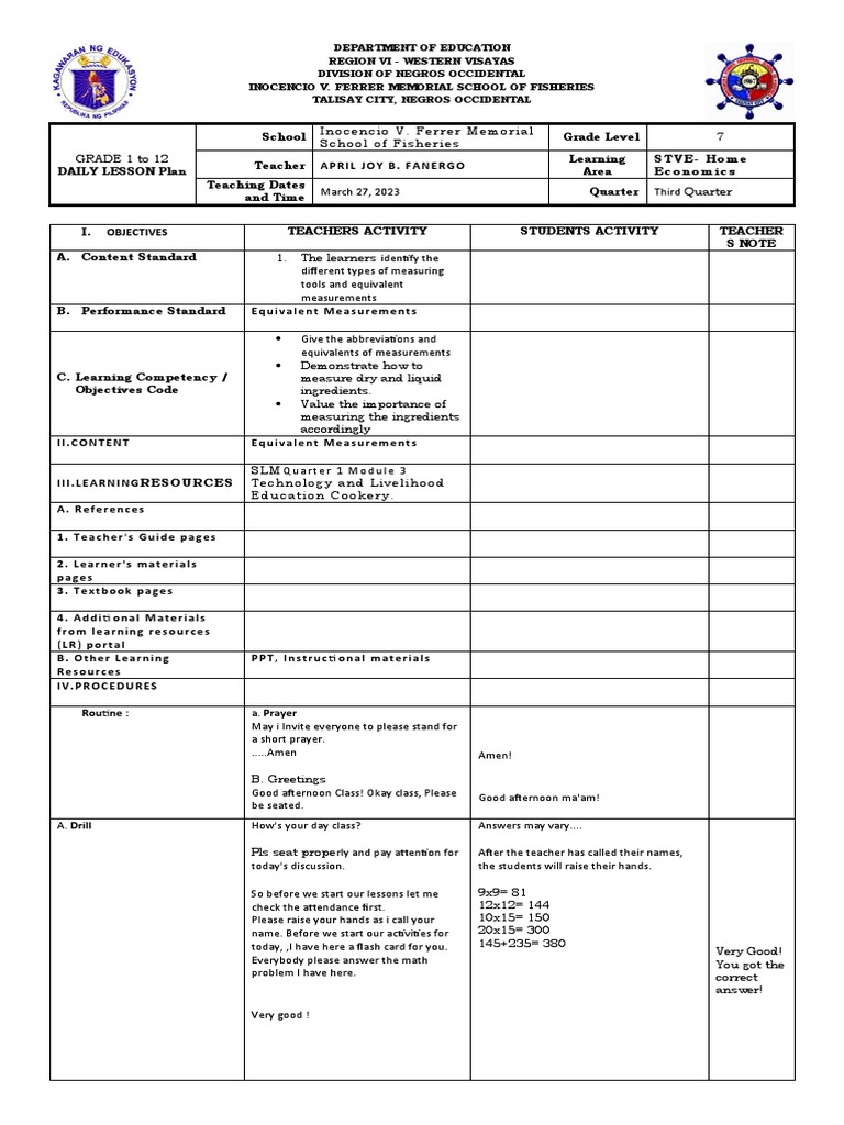 Grade 7 Home Economics Lesson Plan | PDF | Tablespoon | Teaspoon