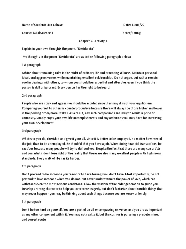 Insights on "Desiderata" Poem Analysis | PDF | Happiness | Poetry